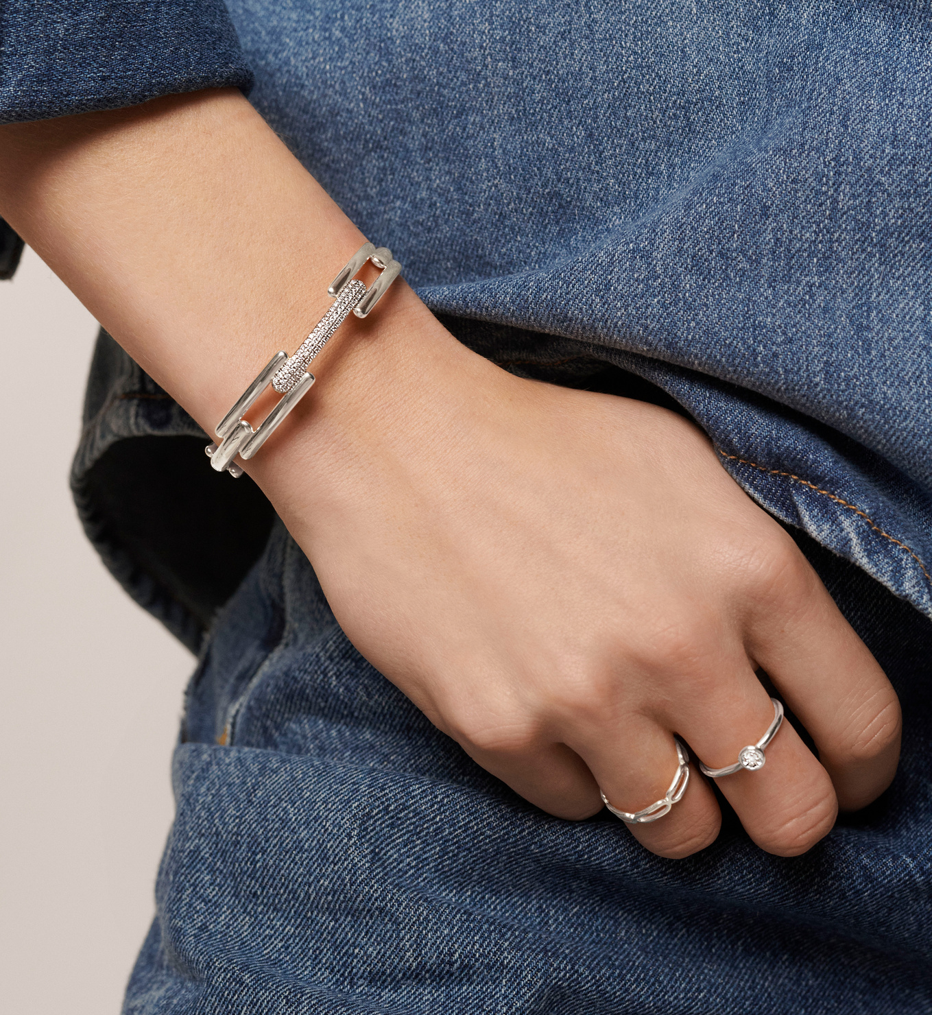 Signature Link Pavé Diamond Bangle in Sterling Silver and Lab Grown ...