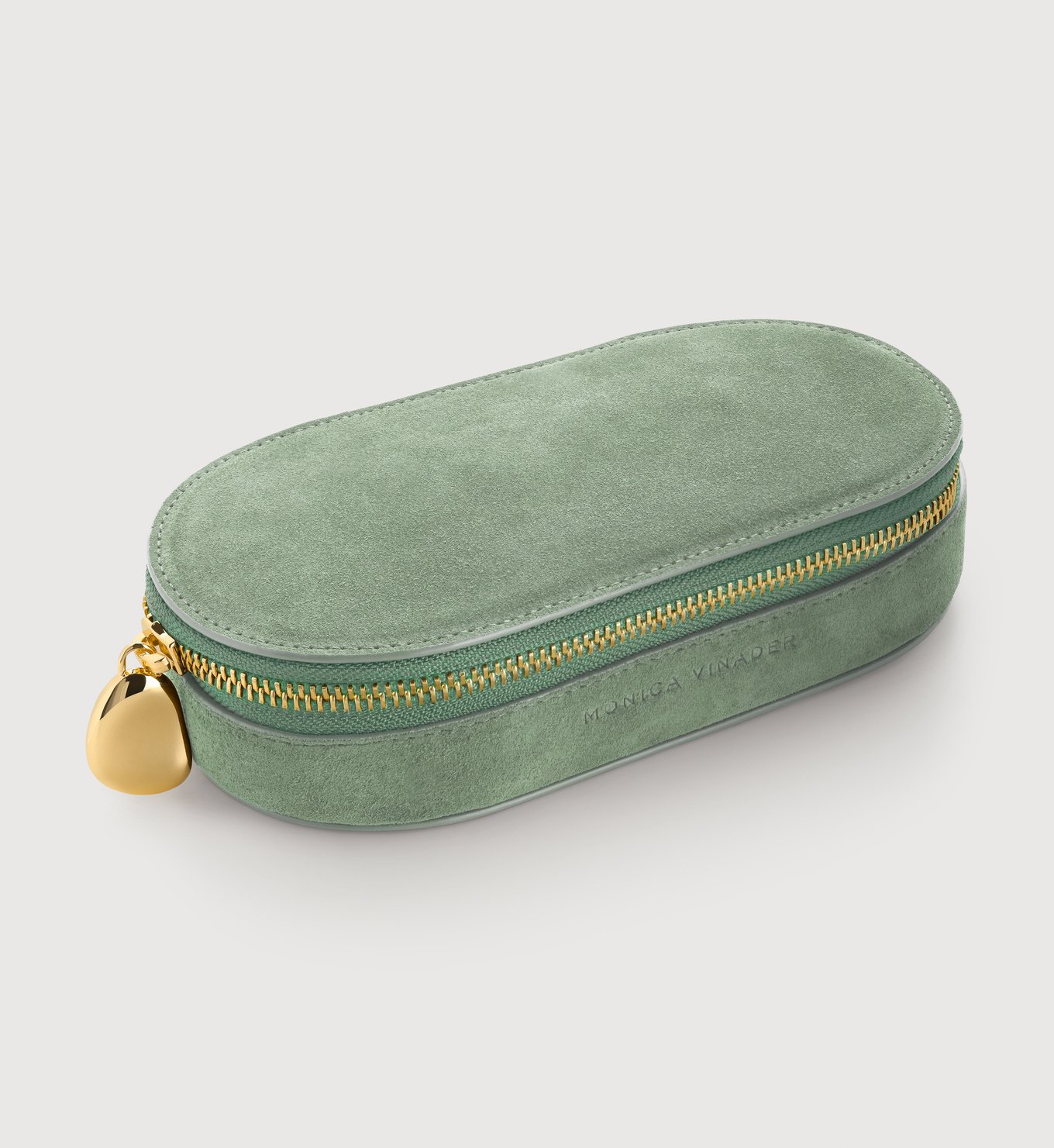 Suede Oval Jewellery Box in Leather - Olive | Jewellery by Monica Vinader