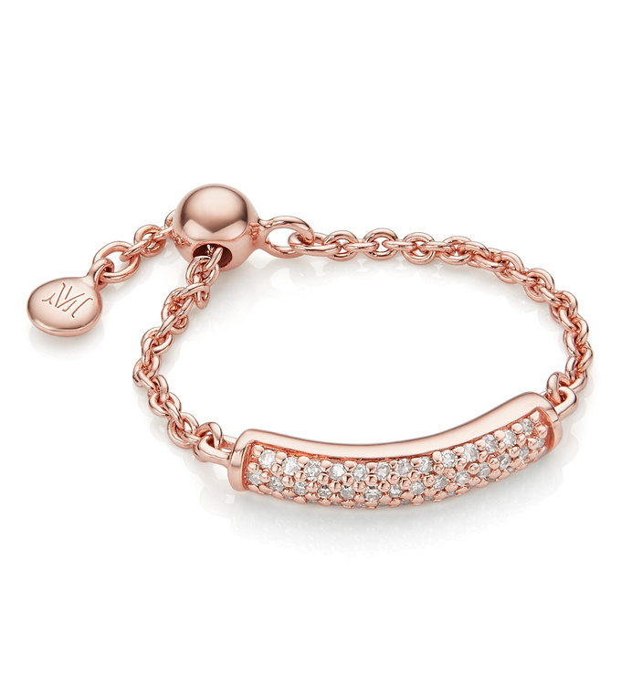 Fiji Bar Adjustable Friendship Diamond Ring in 18ct Rose Gold Vermeil On Sterling Silver and Champagne Diamond Jewellery by Monica Vinader