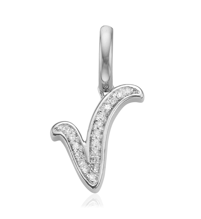 Alphabet V Diamond Pendant Charm in Sterling Silver and Diamond ...